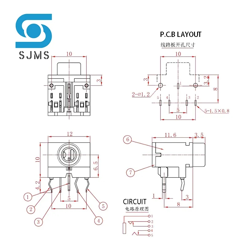 5 Mm Audio Jack Adapter 5/3.5mm Stereo Female Socket, 5 Pin DIP Audio ...