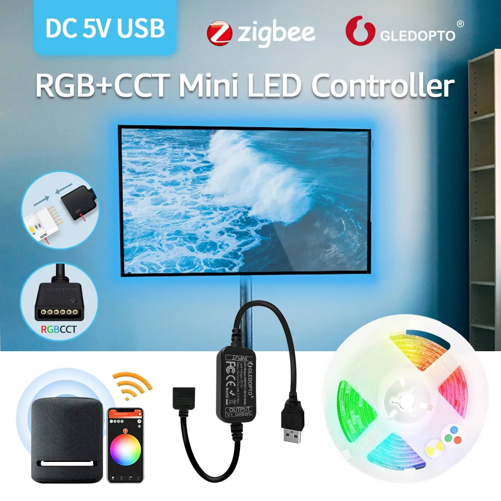 ZIGBEE Mini LED Strip Controller, DC5V RGBCCT Colors Strip Light, USB ...