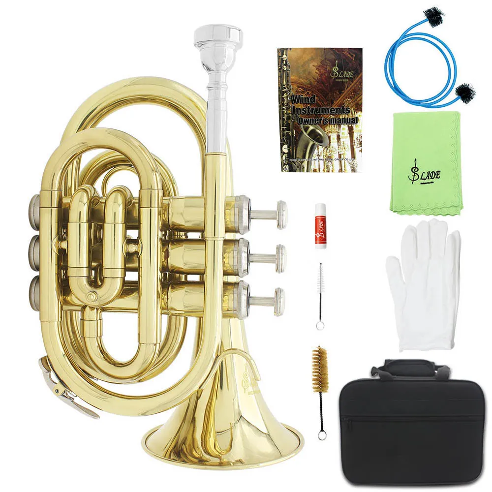 Mini Bb Pocket Trumpet in Brass with Cleaning Kit, Case, and Gloves ...