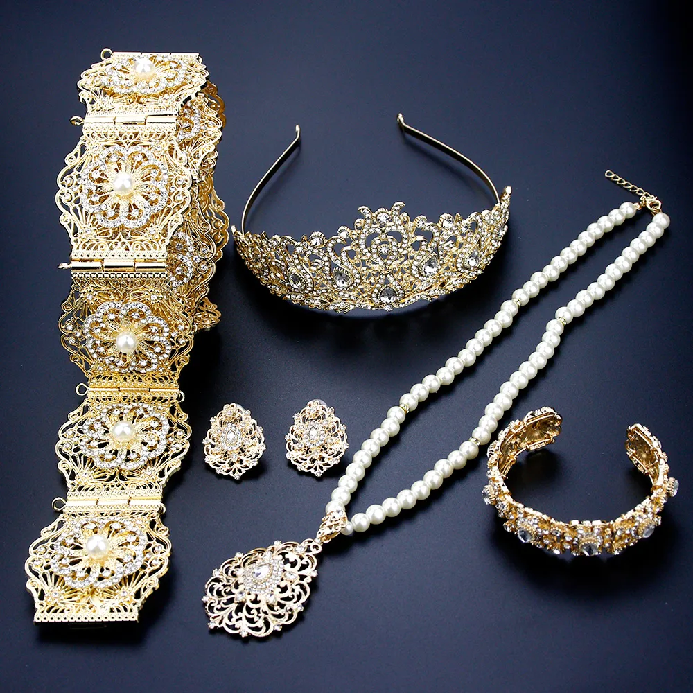 Gold Crystal Bridal Jewelry Set: Algeria Morocco Pearl Wedding Accessories Necklace Crown Belt ...