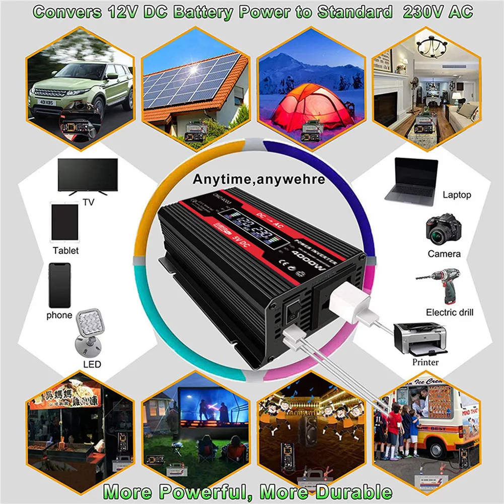 4000W Power Inverter 12V To 110V/220V LCD Display, Voltmeter, Converter ...