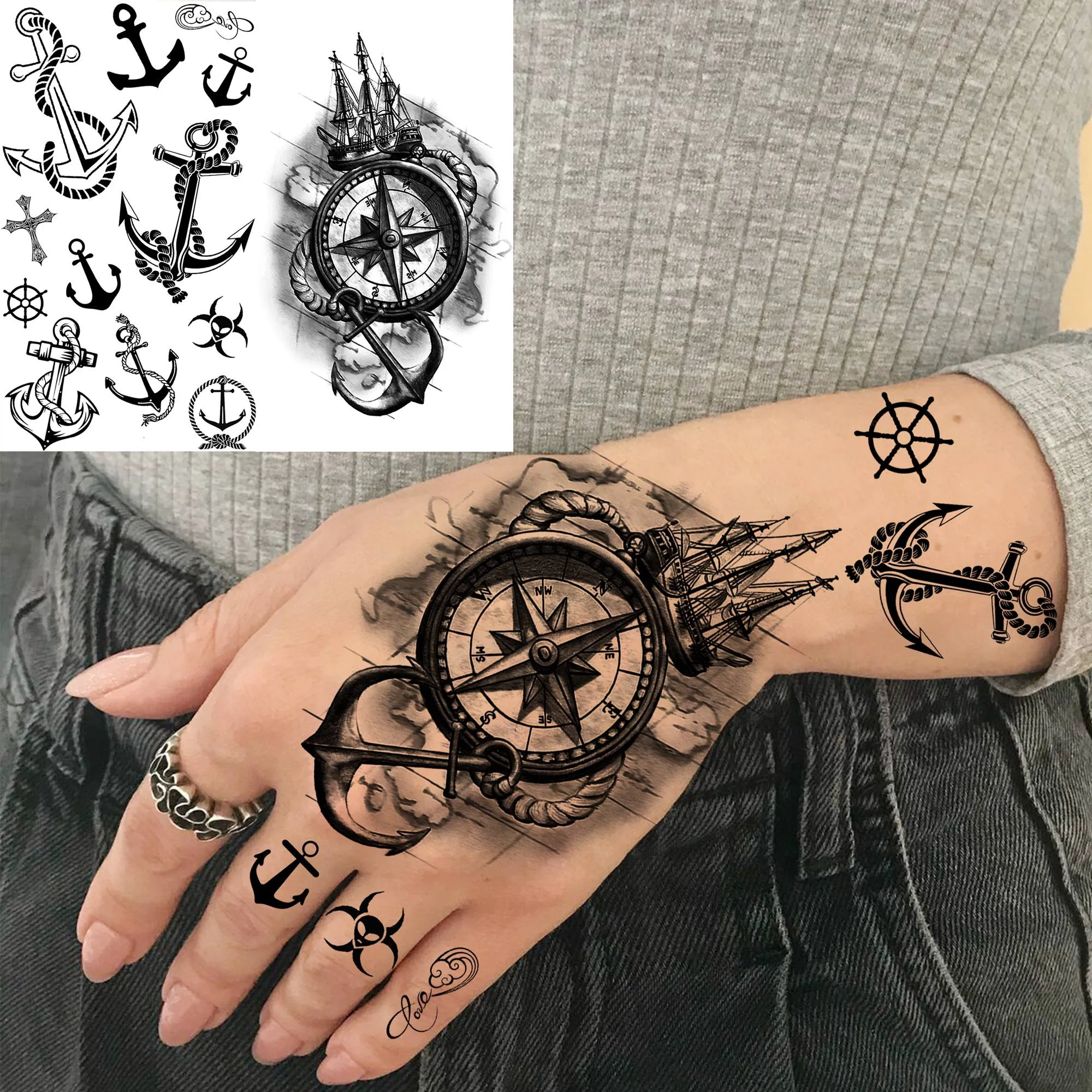 Pirate Ship Anchor Temporary Tattoos - 15 Sheets Waterproof Fake Shark ...