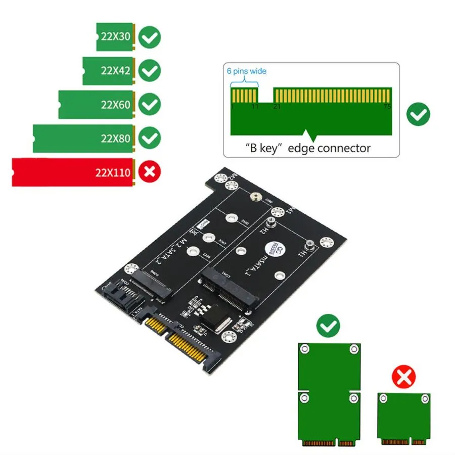 MSATA / M.2 SSD To Dual SATA3 Converter Adapter Card 2 In 1 W/ Full Height Profile Bracket For M ...