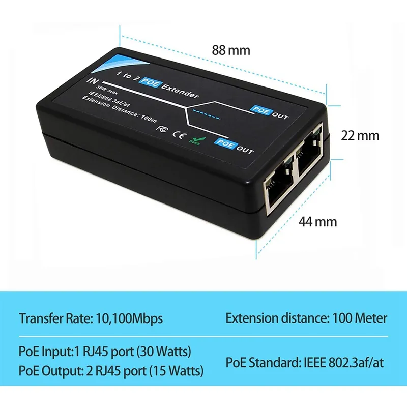 3X 2-Port PoE Extender, IEEE 802.3af, 10/100 Mbps, IP Camera Extender ...