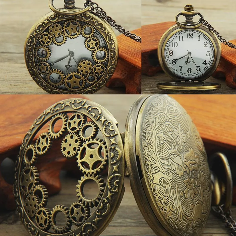Steampunk Quartz Pocket Watch - Antique Bronze Pendant with Hollow Gear ...