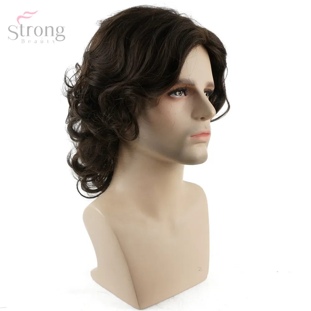 Brown Medium Curly Synthetic Full Wig for Men, Natural Looking Daily ...