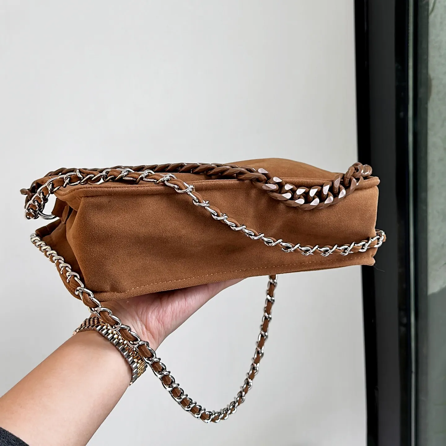 Designer Suede Hobo Shoulder Bag for Women with Chain Embellishments ...