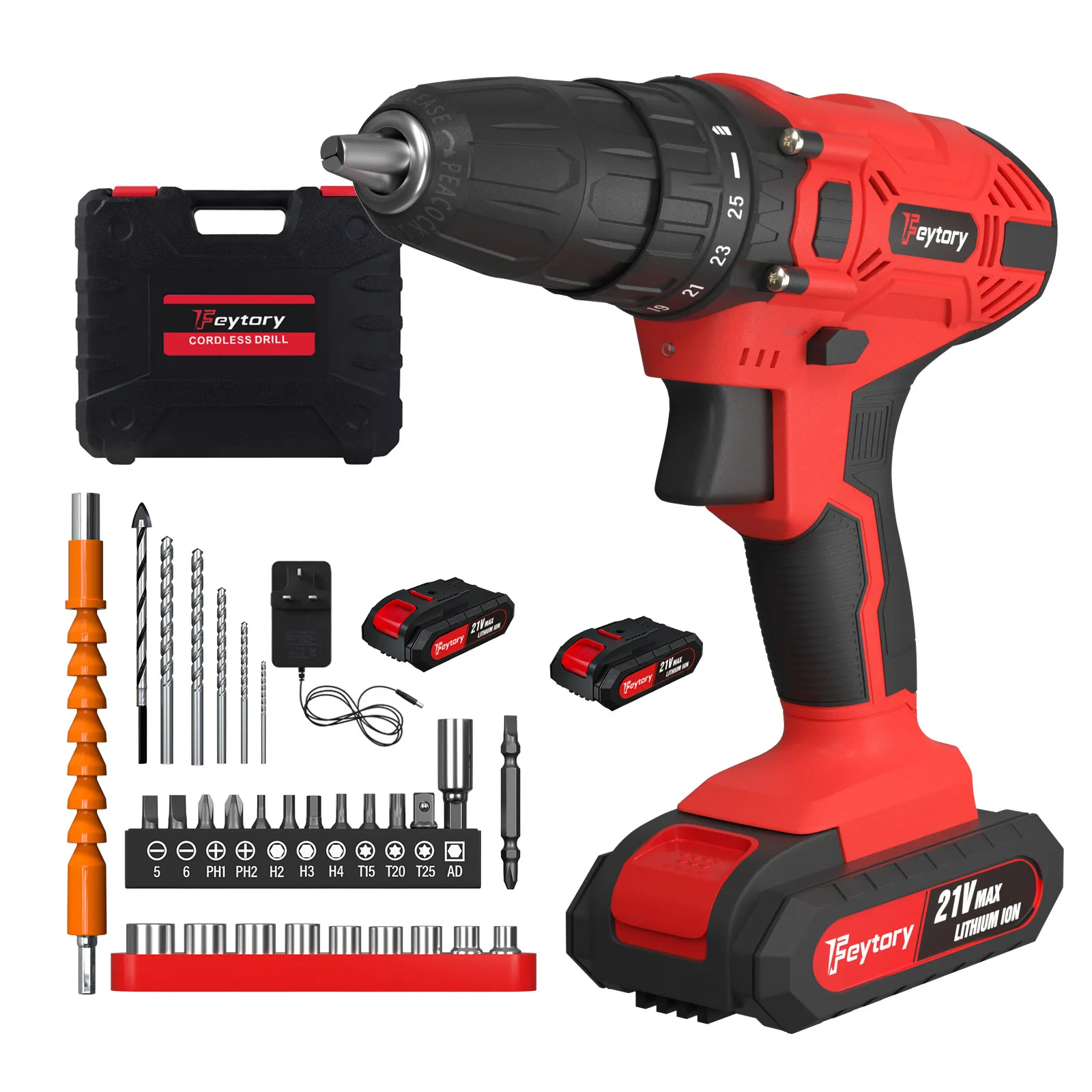 Feytory 21V Cordless Drill Driver Kit - 1500mAh Battery, 25+1 Torque, 45Nm, 3/8 Chuck from ...
