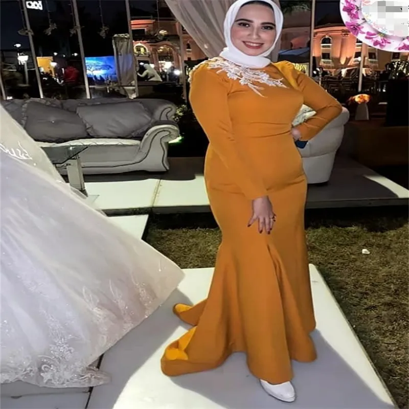 Vintage Orange Islamic Evening Dress With Overskirt High Neck Mermaid ...