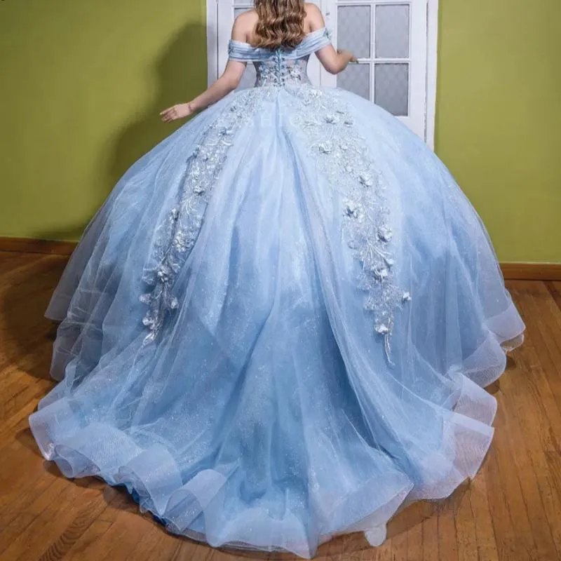 Shiny Sky Blue Off Shoulder Ball Gown Icy Blue Quinceanera Dresses With ...