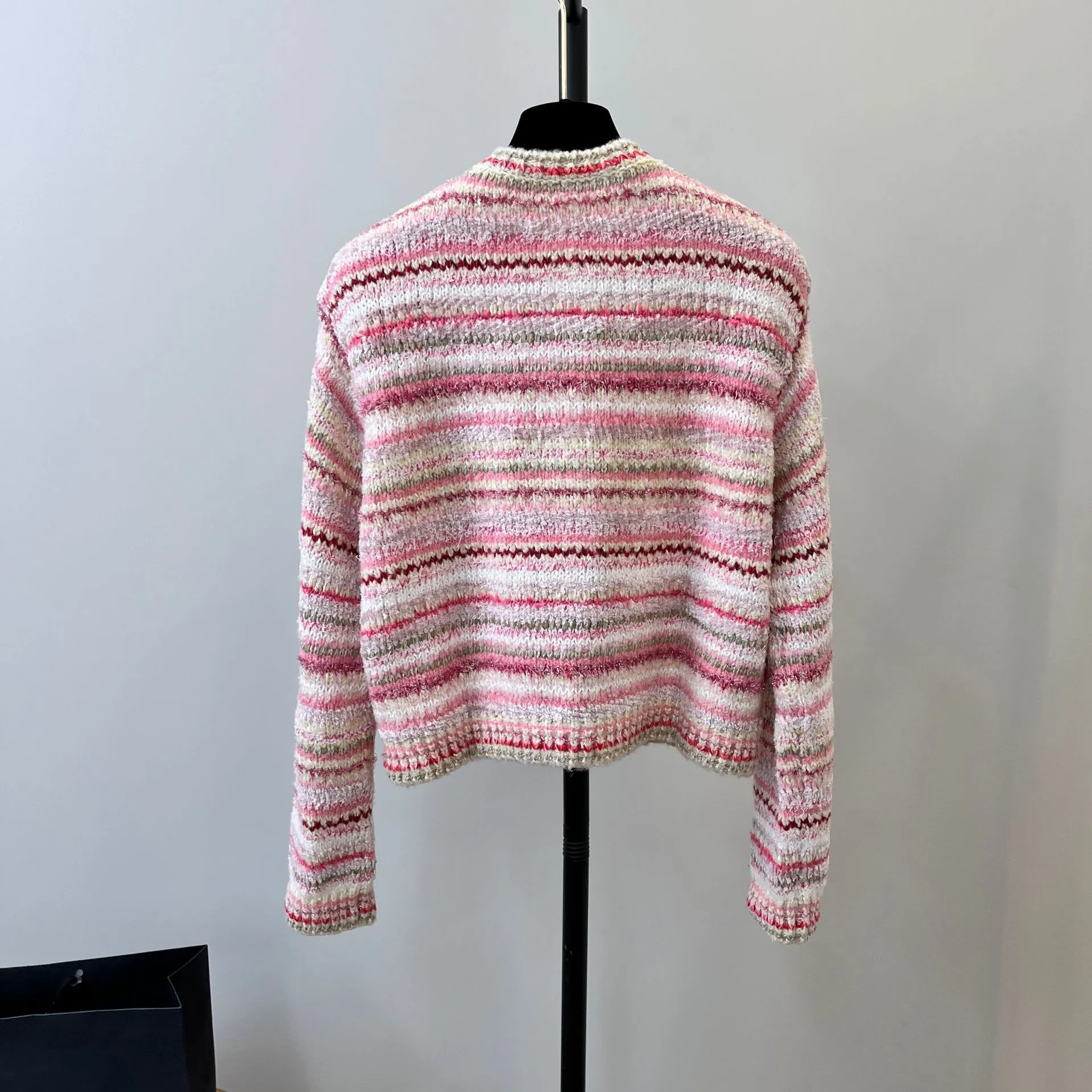 Woolen Knit Cardigan Sweater Glitter Pink Striped, Long Sleeve, Round ...