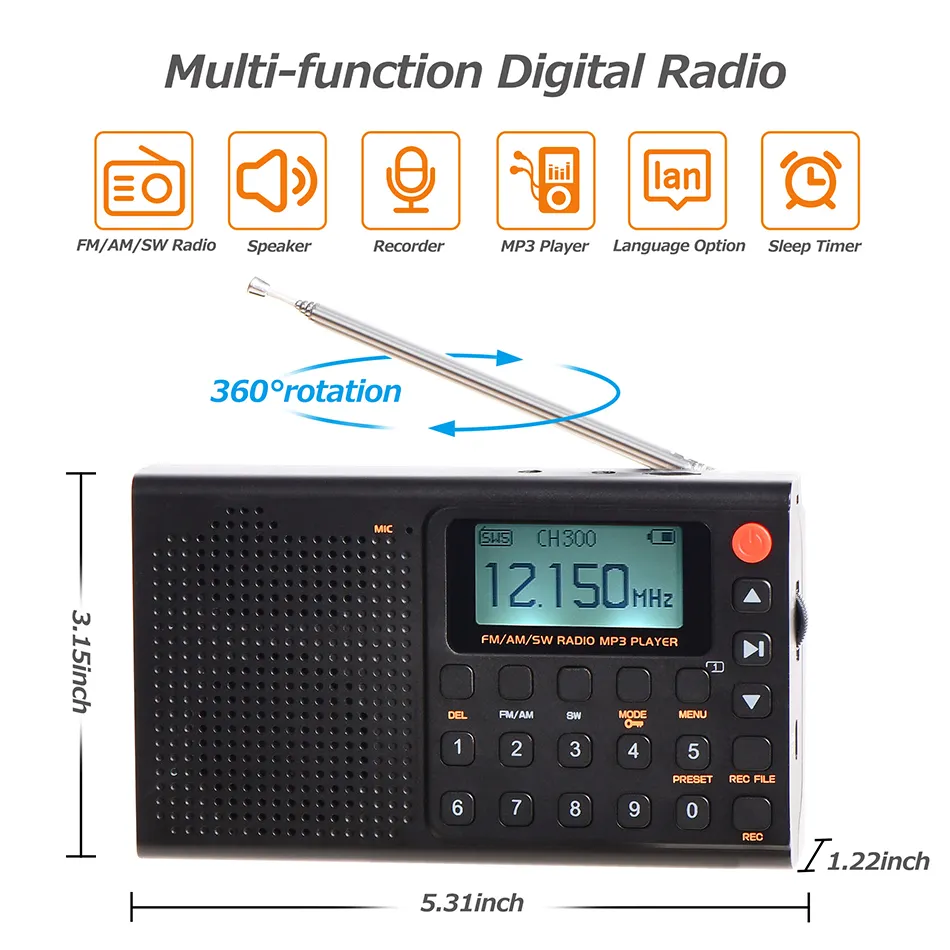 AM/FM/SW Portable Full Band Bluetooth Radio Recorder, Digital ...