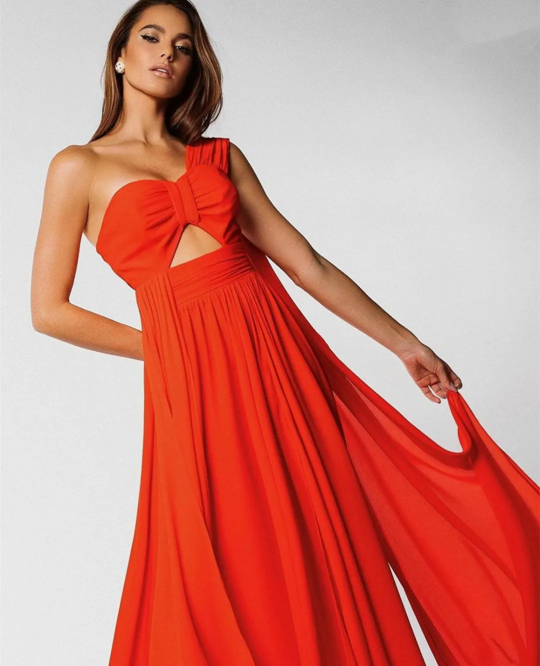 Red One Shoulder Red Maxi Evening Dress With Ribbon Detail And Zipper ...