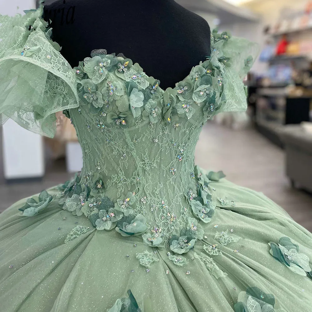 Mint Green Off The Ombro 3D Flowers Dinceanera Dress Tulele Ball ...