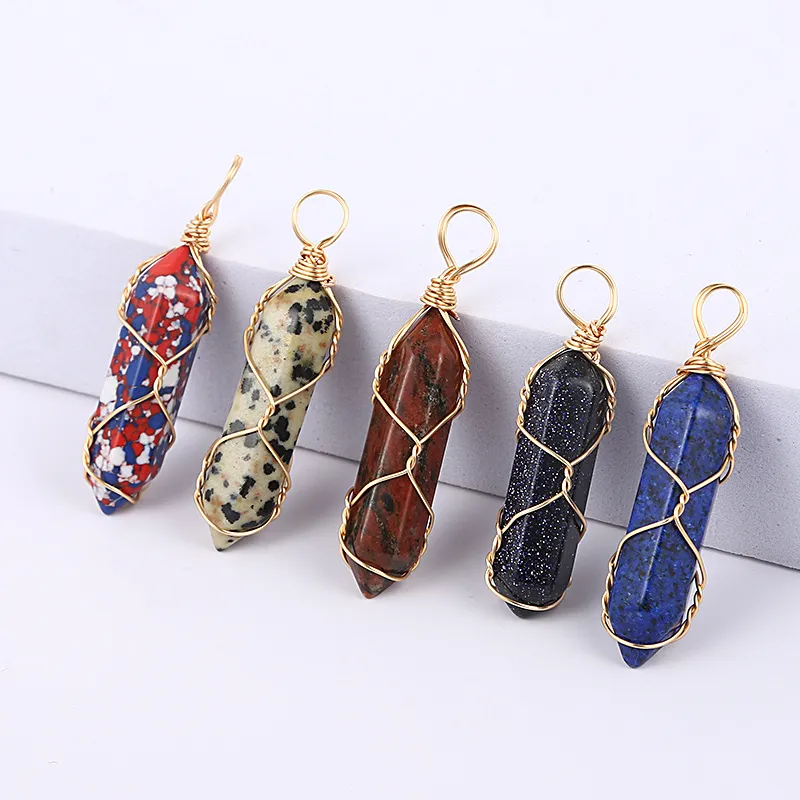 Gold Wire Charms Pendant Set Natural Stone And Rose Quartz Mixed Pillar ...