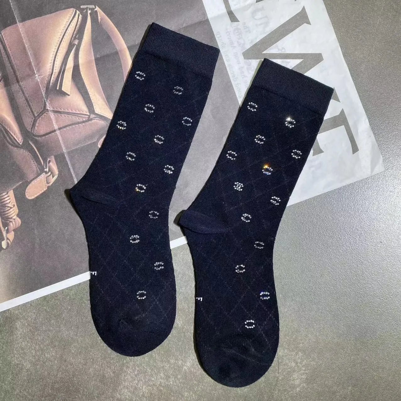 European Retro Diamond Tube Monogrammed Socks For Women Fashionable And ...