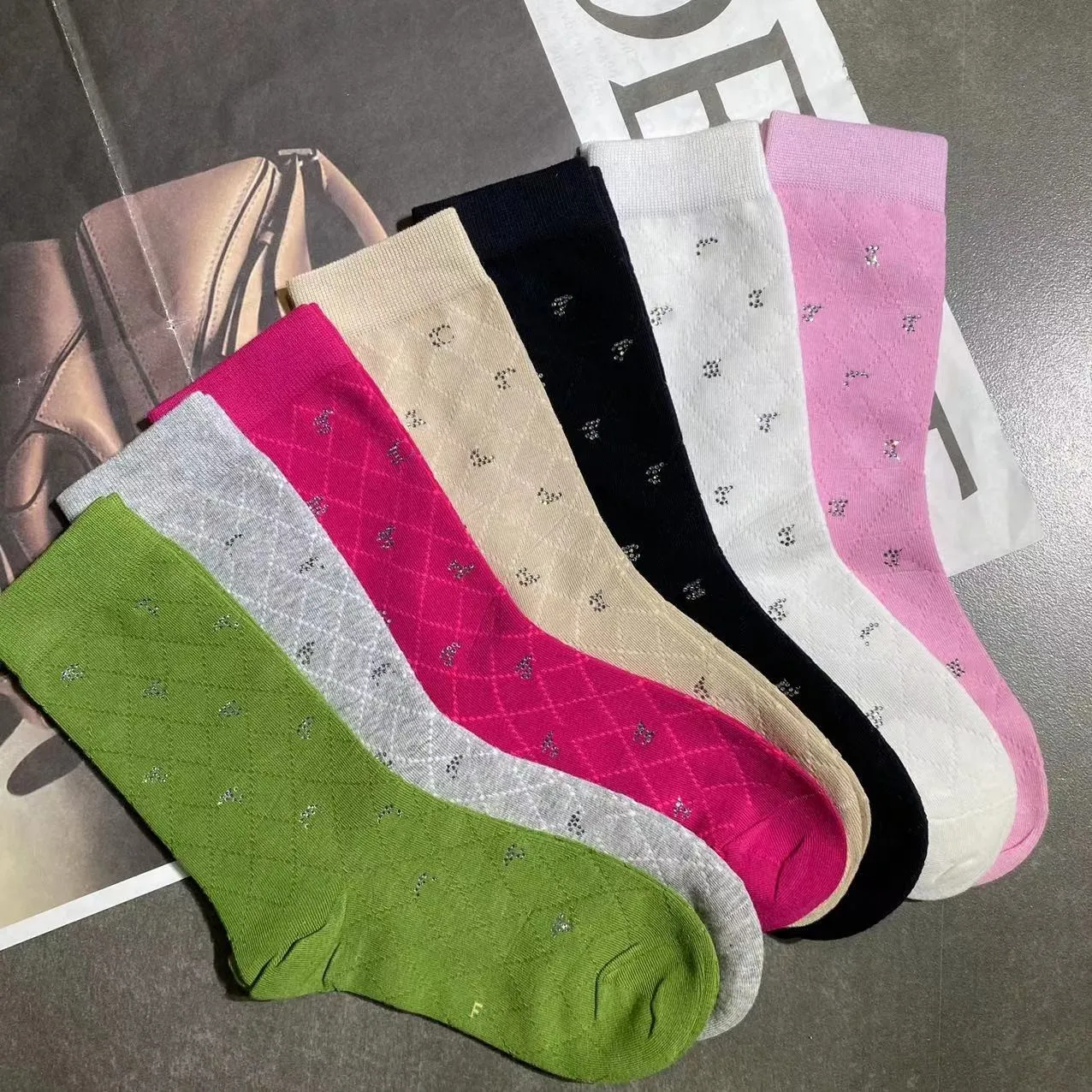 European Retro Diamond Tube Monogrammed Socks For Women Fashionable And ...