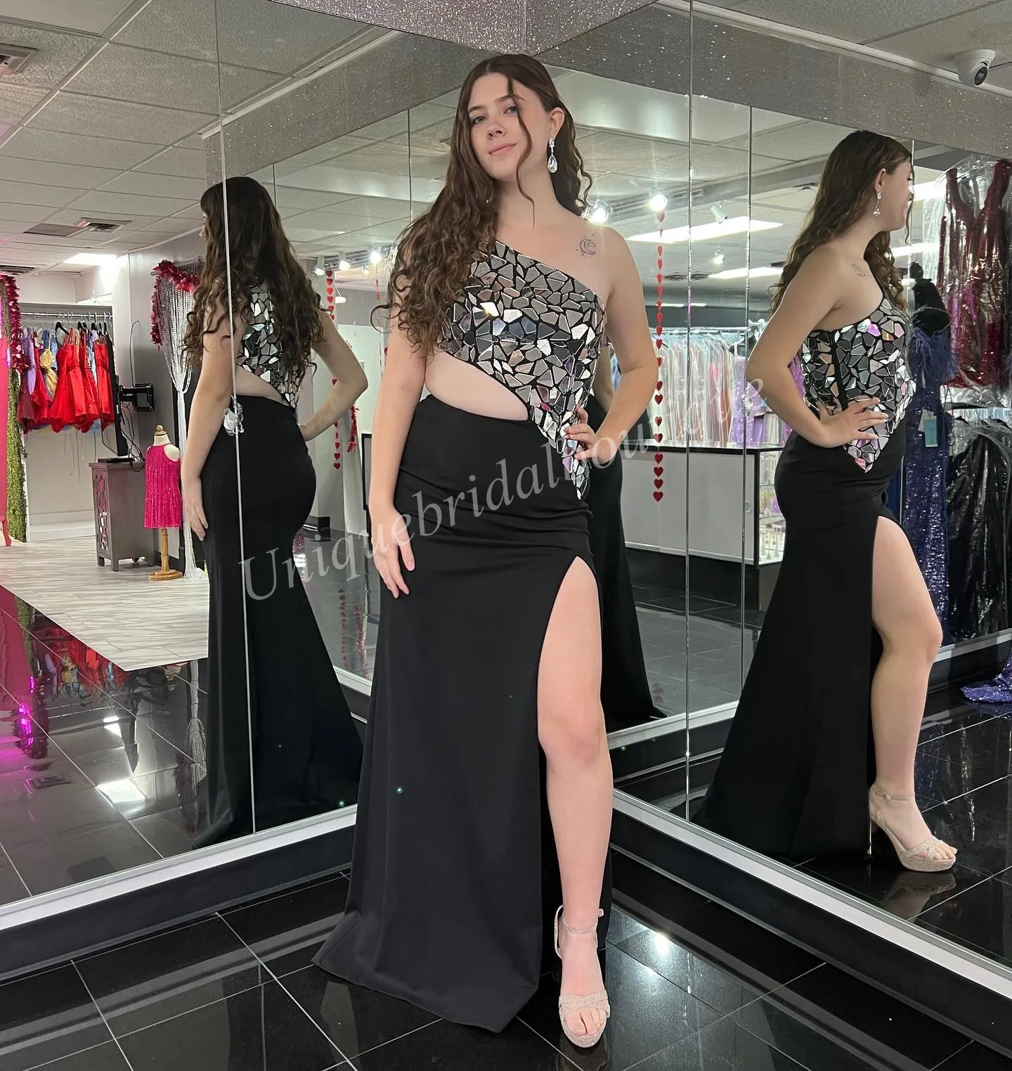 One Shoulder High Slit Long Prom Dress 2k24 Cut Out Cut Glass Mirror ...