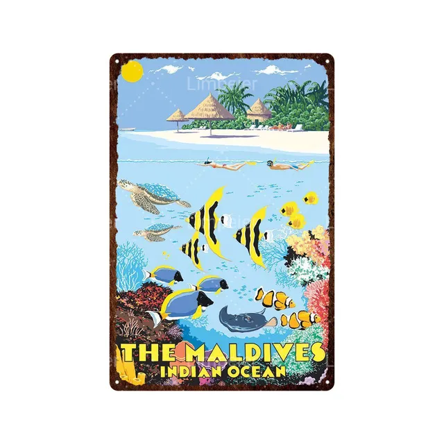 Tropical Beach Metal Sign - Retro Coastal Decor, Maldives Sea View ...
