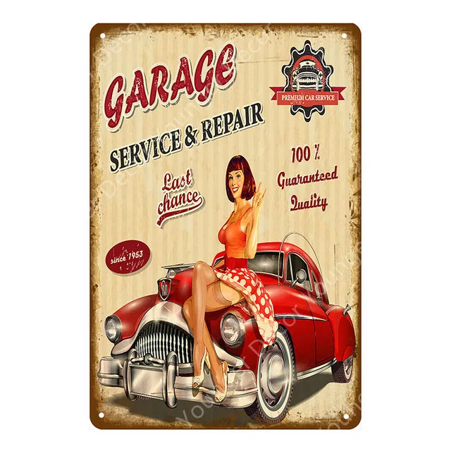 Vintage Hot Rod Art Painting Tin Sign Garage Decor Pin Up Lady Tin ...