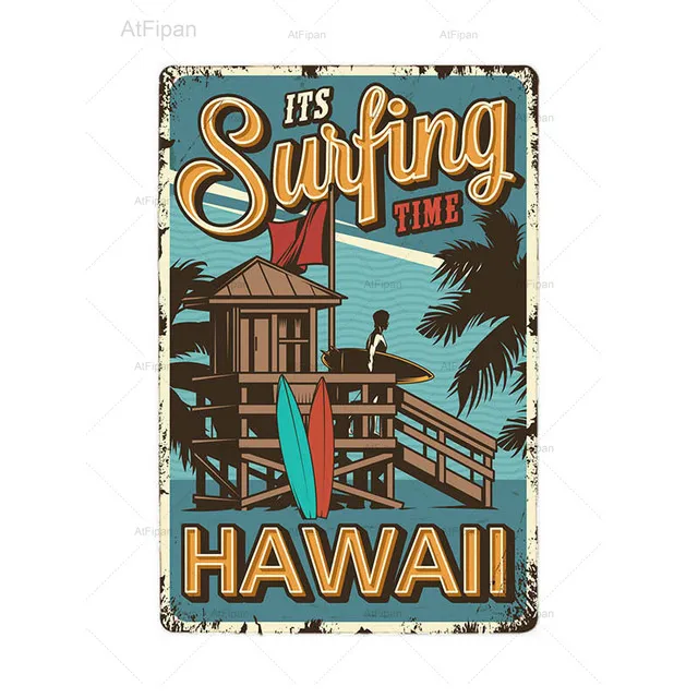 Retro Rusty Board Surf Sign, Vintage Surfing Time Poster Summer Tiki ...