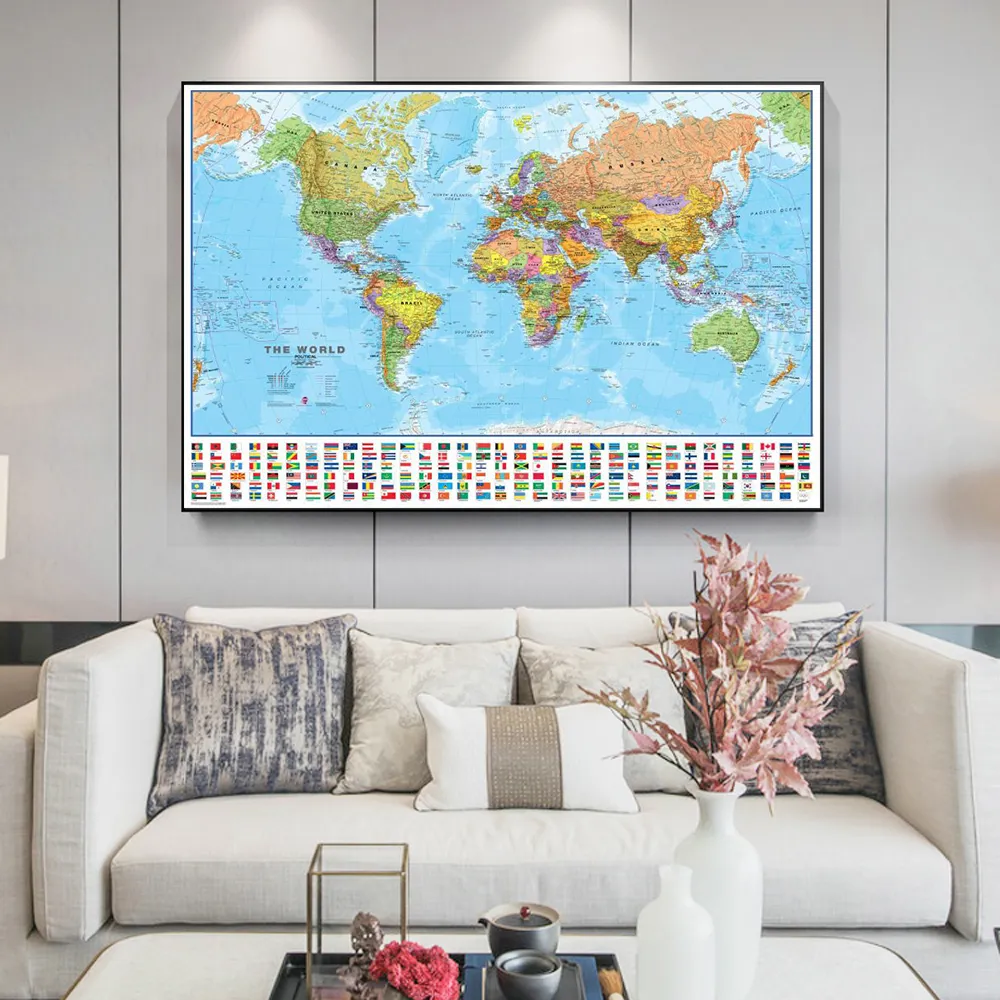 Modern World Map Canvas Paintings For Wall With National Flags Print ...