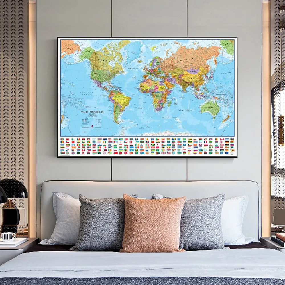 Modern World Map Canvas Paintings For Wall With National Flags Print ...