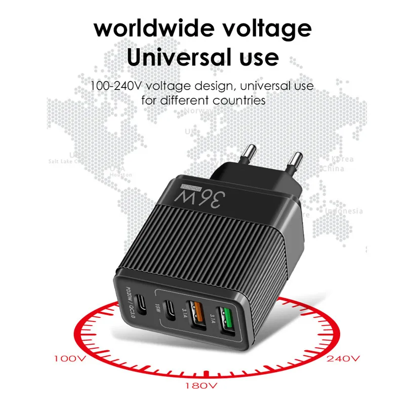 36w AC Quick Charge 36W USB Charger 4 Ports PD Quick Charge 3.0 Fast ...