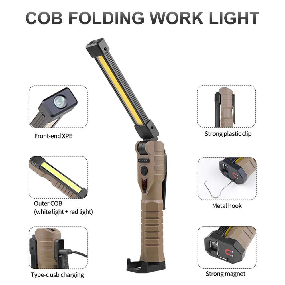 Folding LED Work Light Rechargeable COB Flashlight For Car Emergency ...