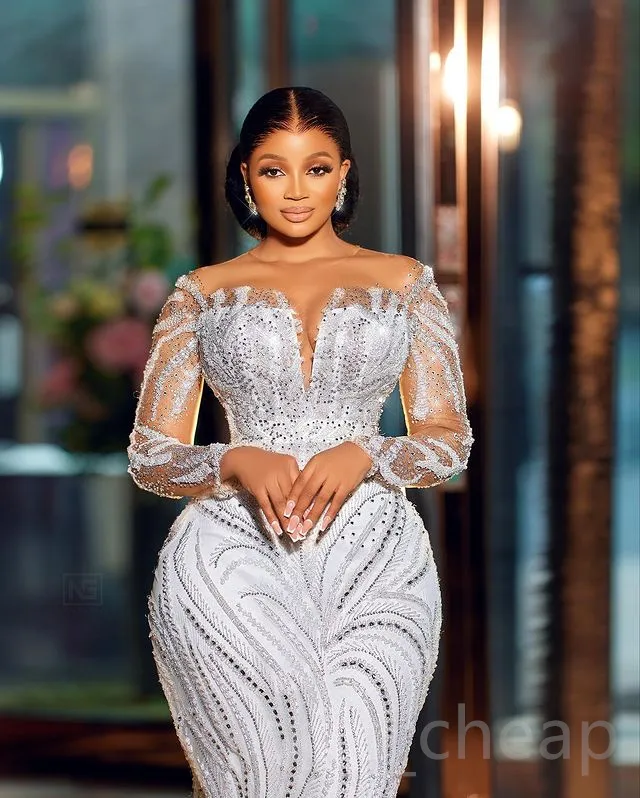 2023 Arabic Aso Ebi White Mermaid Wedding Dress Beaded Crystals Lace Detachable Train Bridal ...