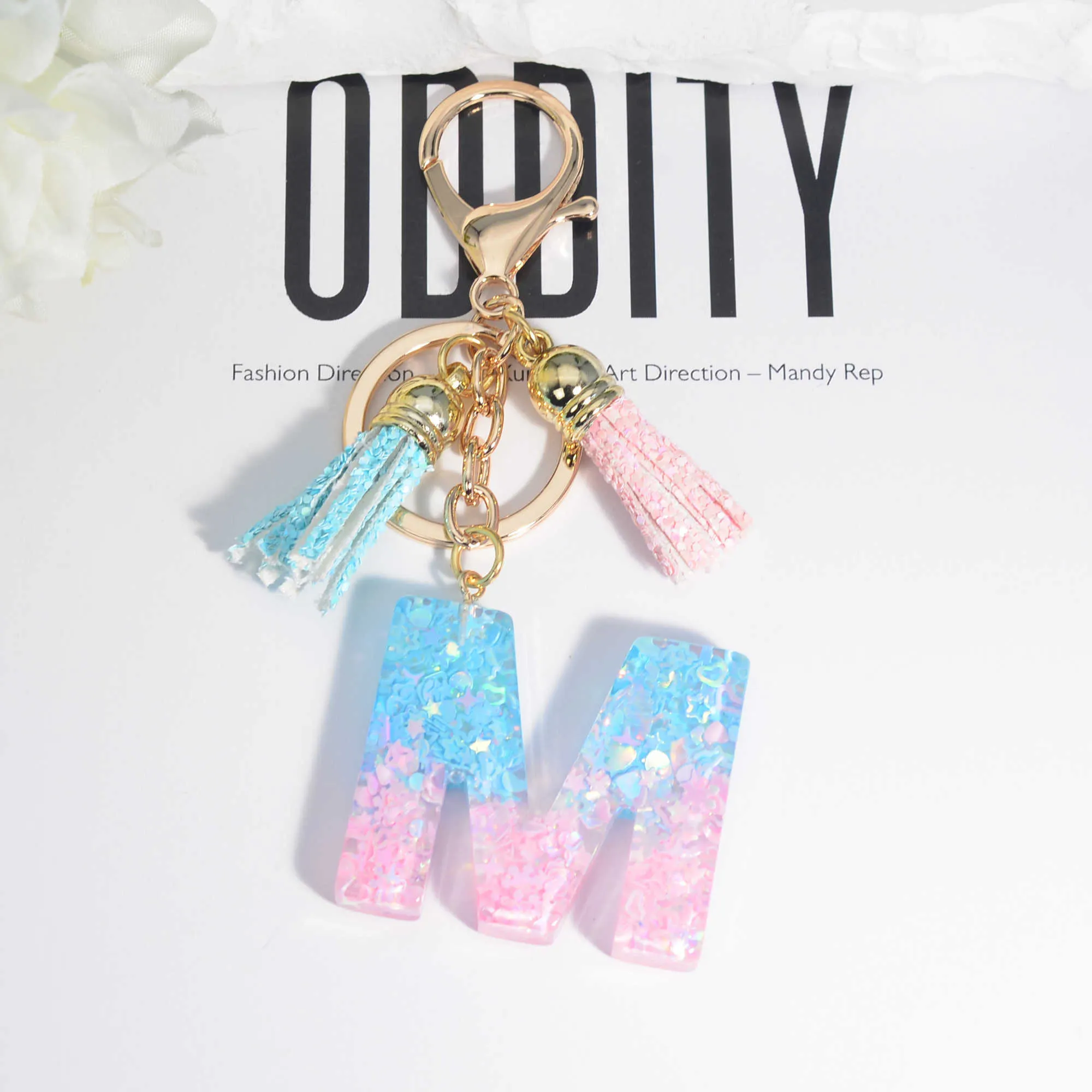 New Cute Stars Filled 26 Initials Keychain A Z Letters Keyring With Pink Blue Tassel Pendant For ...