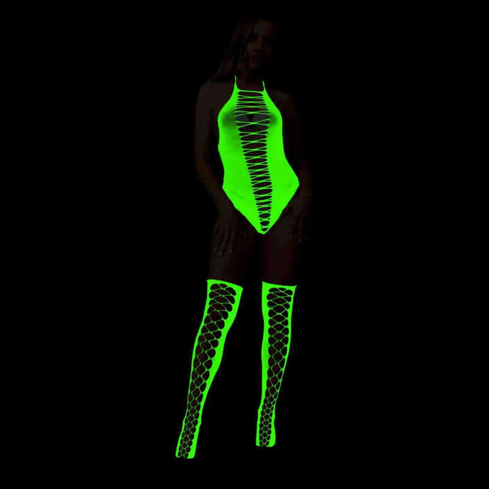 Luminous Fishnet Bodysuit With Hollow Out See Through Neon Green Tights ...
