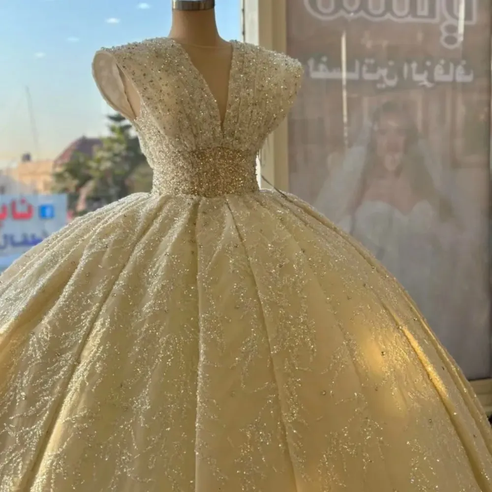 Champagne Bridal Gowns: Sparkly Ball Gown Wedding Dress, Sleeveless V ...