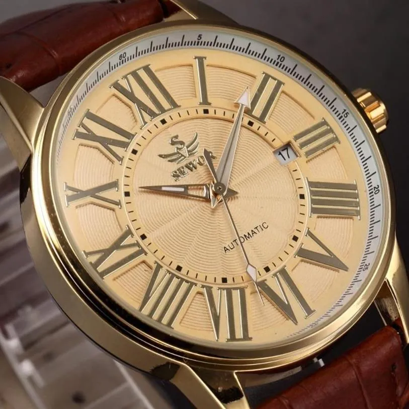 Retro Brown Leather Gold Roman Numeral Mechanical Hand Wind Men's ...