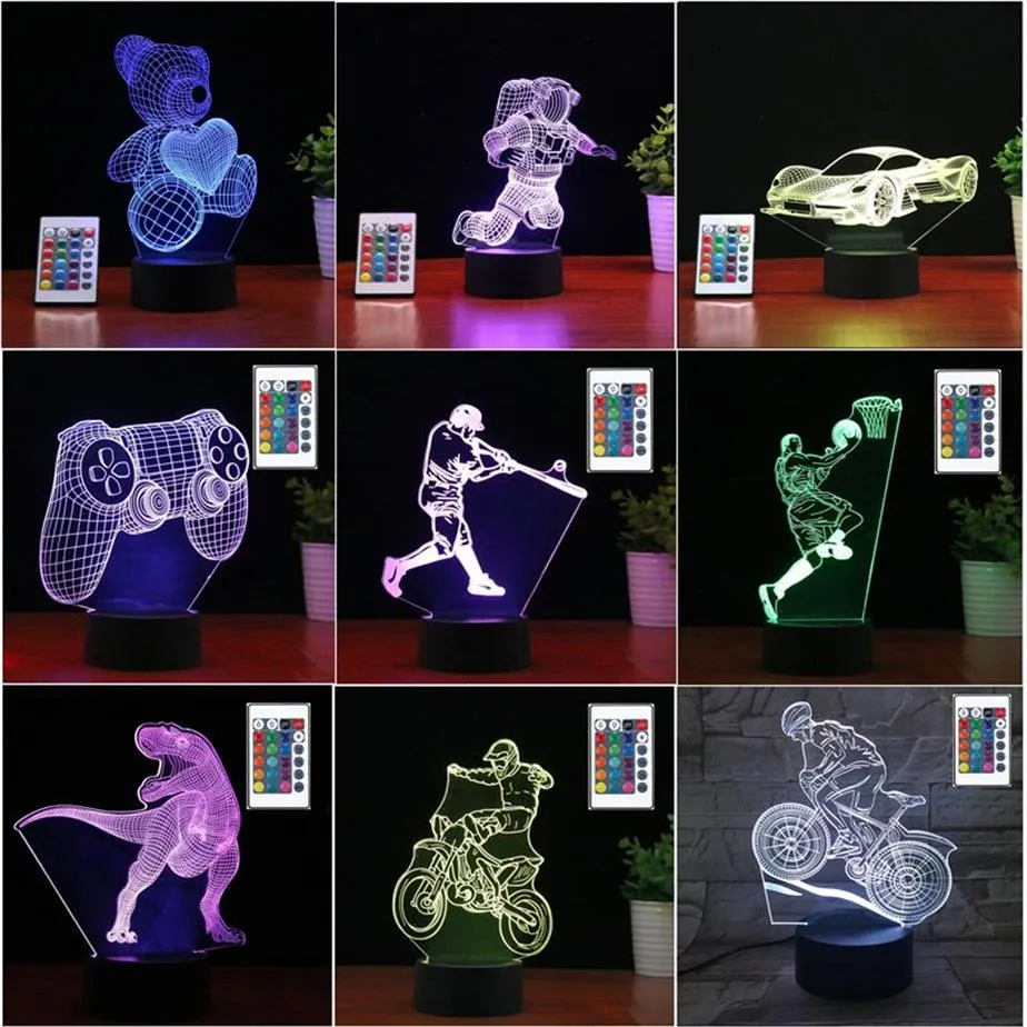 Remote Control 3D LED Night Light - Changing Optical Illusion Lamp with ...