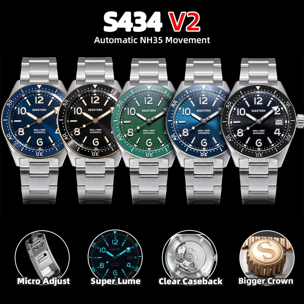 Seestern S434 Reloj De Buceo De Hombres NH35 Movimiento Automático De 200 M Worly Wristwatches ...