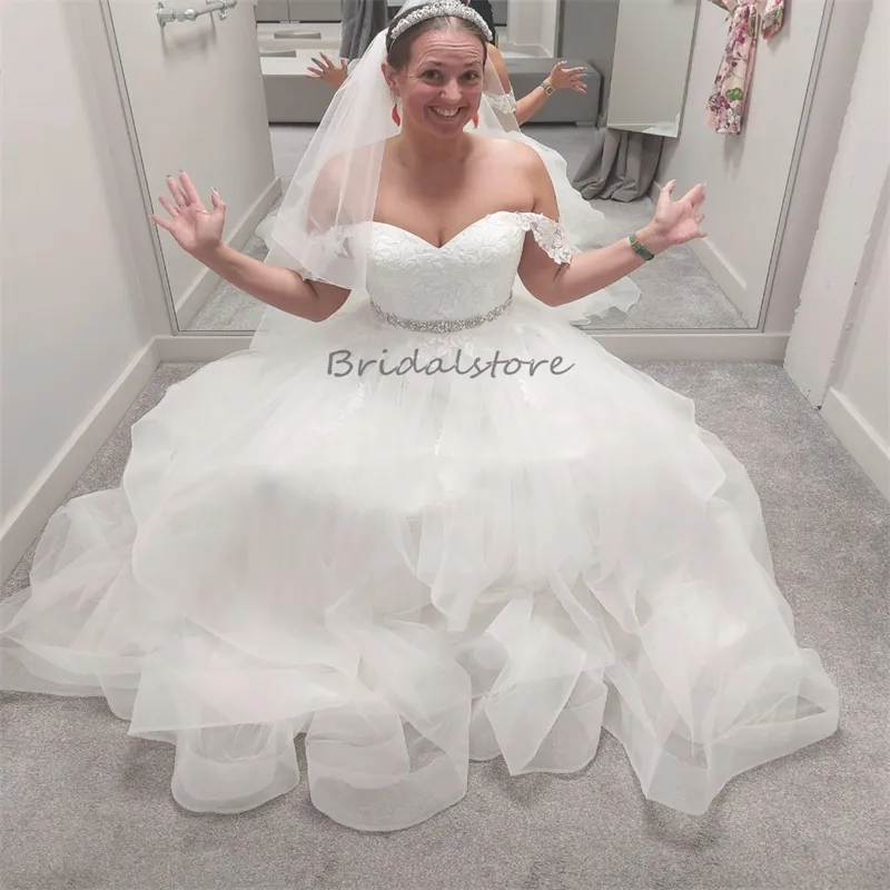 Bridal Dress Tulle Gown: White Off Shoulder Ruffle Dress, Applique Lace ...