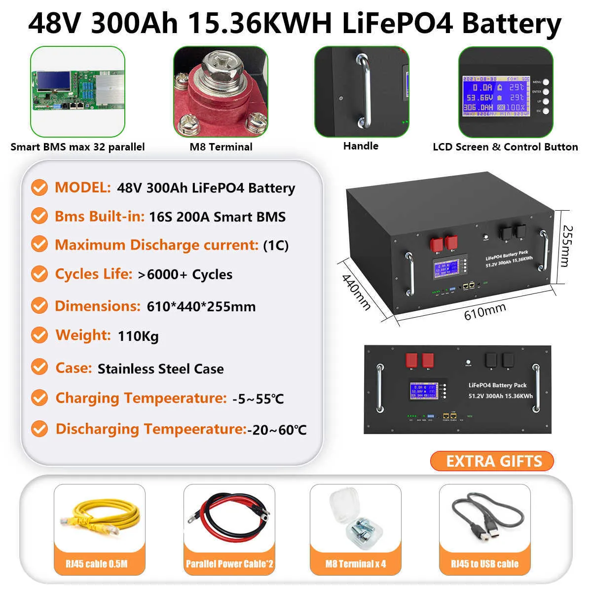 48V 300AH 15KW Battery Pack, Lithium Battery With Built In 200A BMS ...