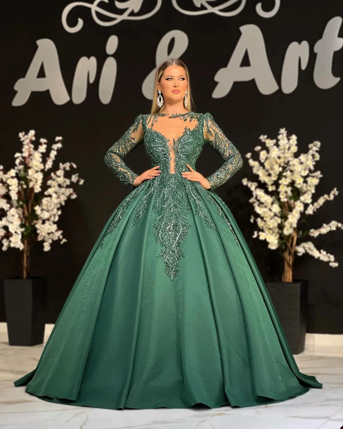 Custom Made Plus Size Ball Gown Forest Green Prom Dress With Illusion ...