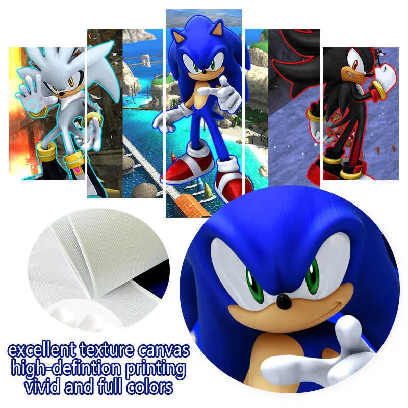 Cartoon Canvas Paintings Sonic 5 Panel Canvas Wall Art For Kids Bedroom ...