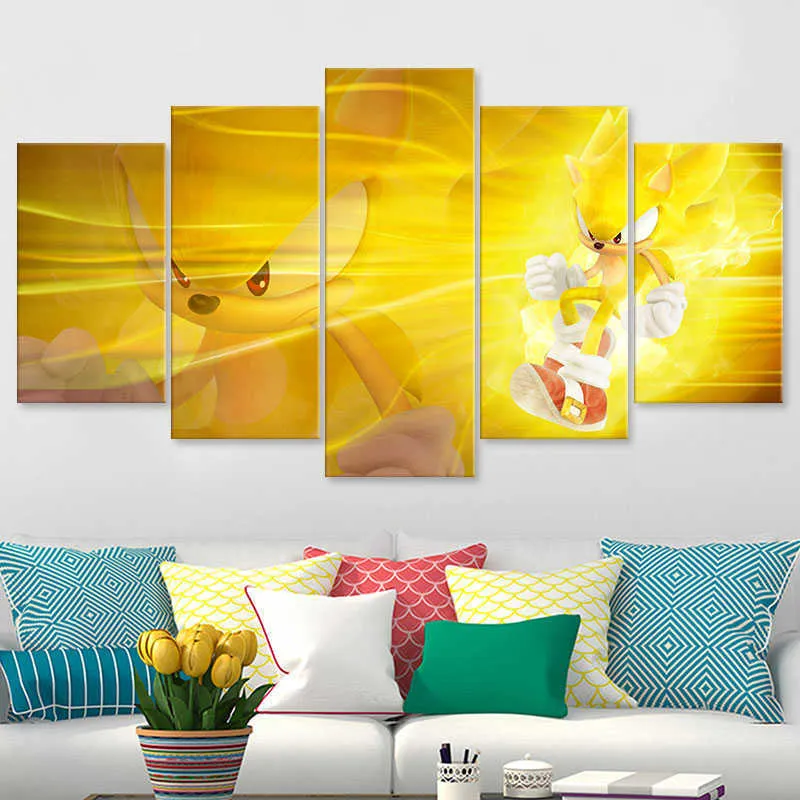 Cartoon Canvas Paintings Sonic 5 Panel Canvas Wall Art For Kids Bedroom ...
