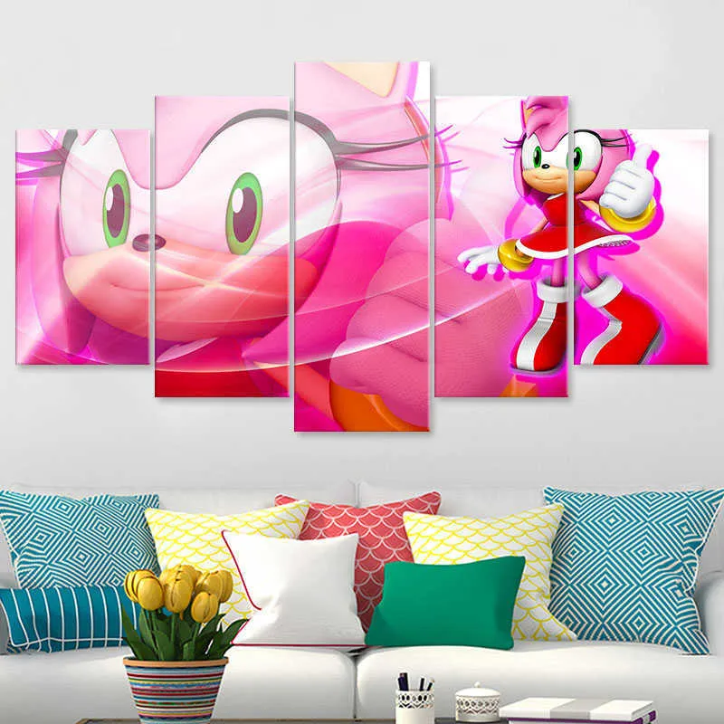Cartoon Canvas Paintings Sonic 5 Panel Canvas Wall Art For Kids Bedroom ...