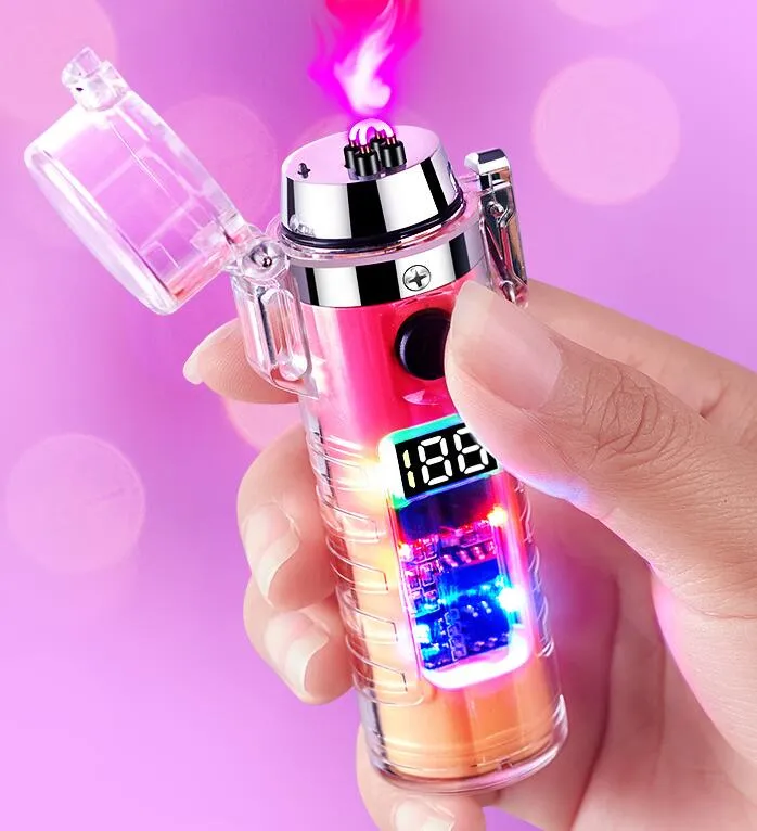 Windproof Waterproof Dual Arc Plasma Lighter Flashlight Clear USB Type C Rechargeable Cigarette Smoking Lighter 8 Colors