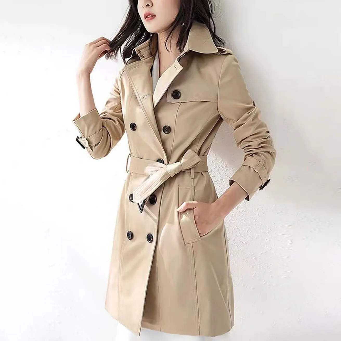 Women's Spring Trench Coat Classic Double Breasted Outerwear, Elegant ...