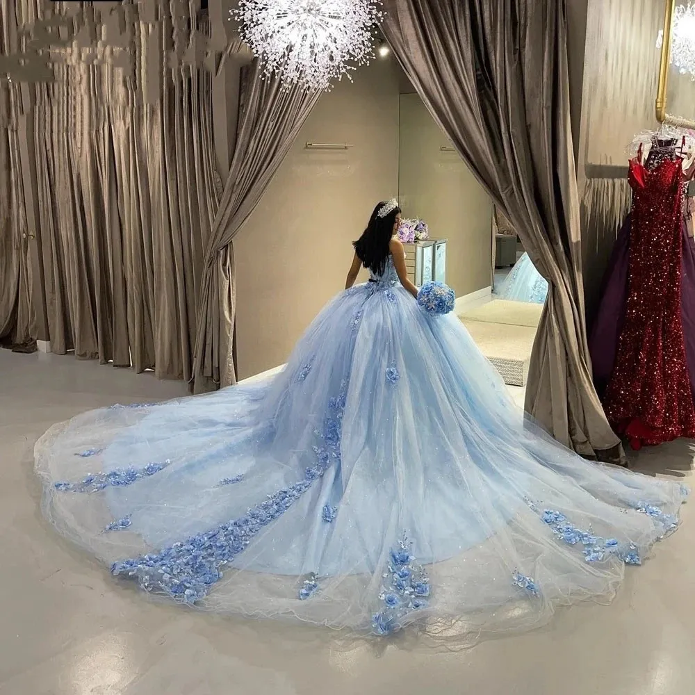 Sky Blue Quinceanera Dress Sweetheart Lace Applique Ball Gown For Sweet ...