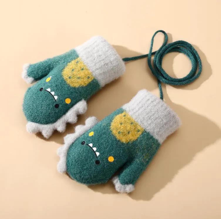 Cute Cartoon Dinosaur Knitted Mittens For Kids Thick, Hanging Neck ...