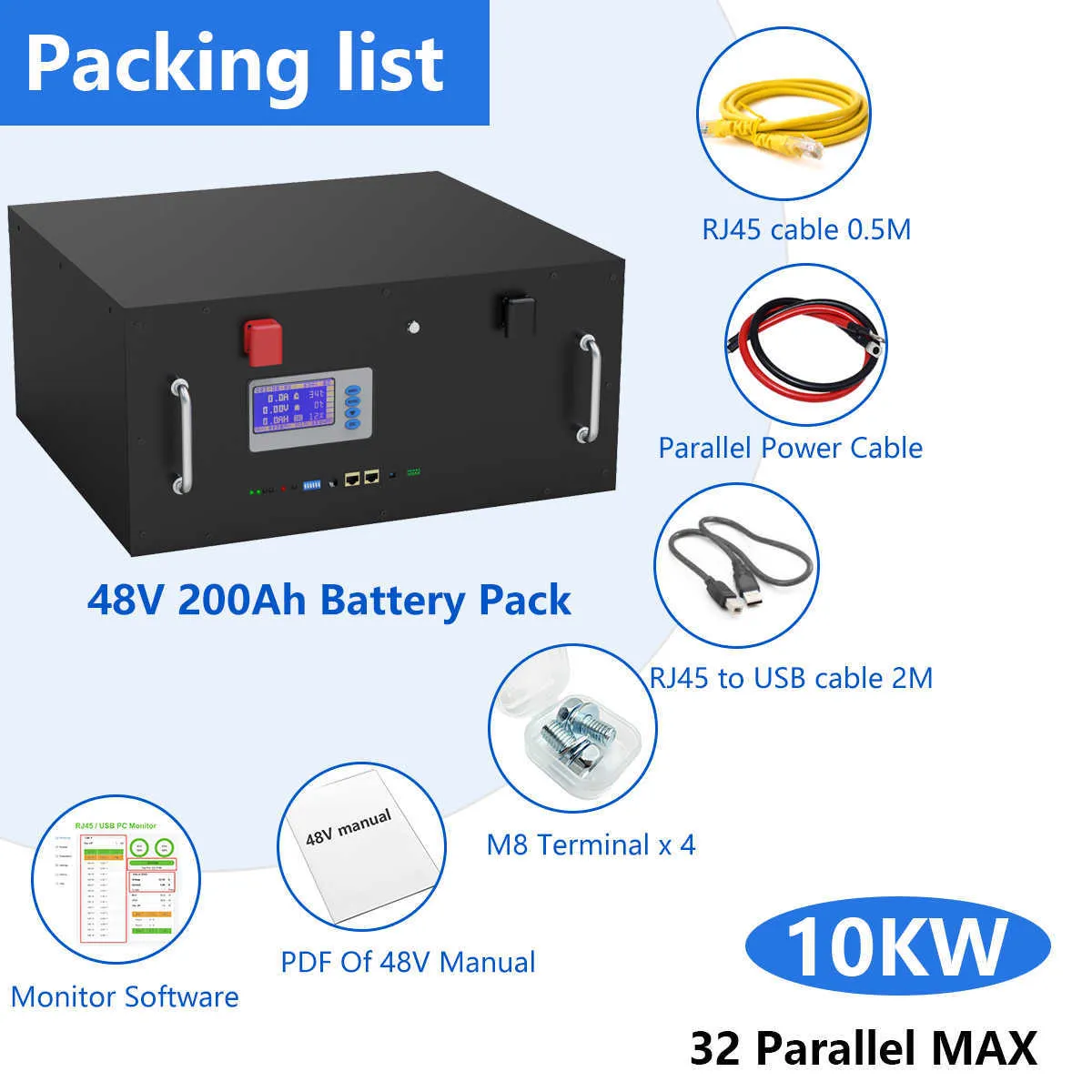 New 48V 200AH LiFePO4 Battery Pack 10KW 5KW 3KW CAN/RS485 Max 32 ...