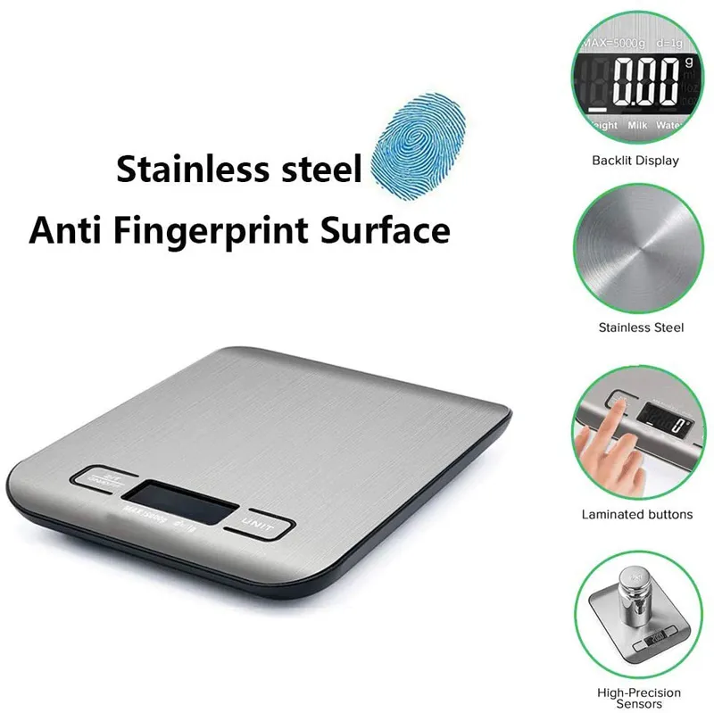 Electronic Digital Kitchen Food Scale, 5kg/10kg, 0.1g LCD Display, 304 Stainless Steel, Grams ...