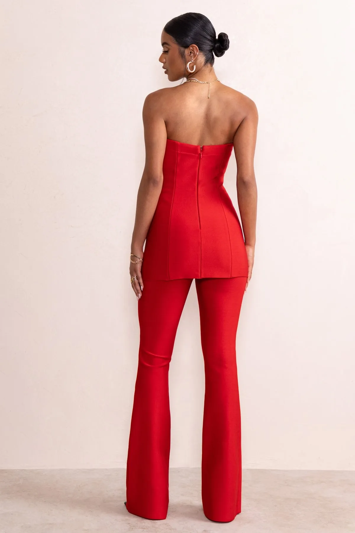 Strapless Backless Red Mother Of The Bride Pantsuit Flared Trousers Set ...