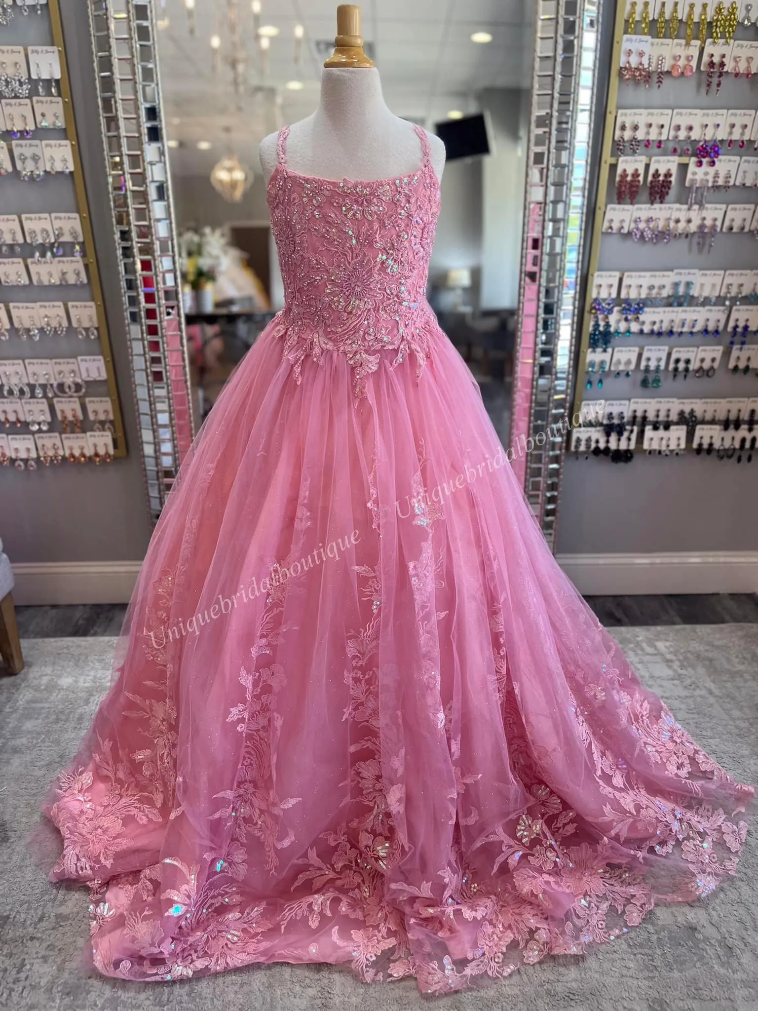 Infant Pageant Dresses: Rose Pink Floral Applique Glitter Tulle Gown ...